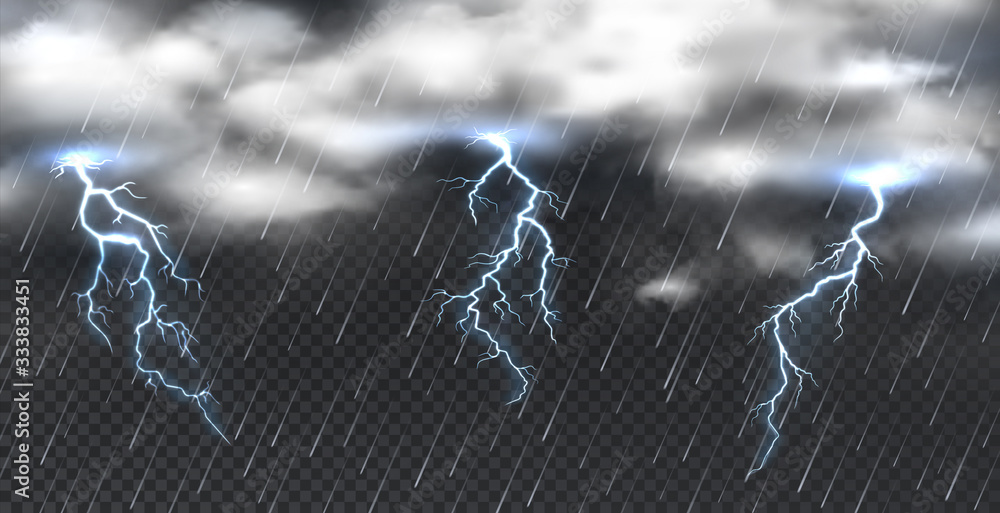 Realistic storm. Heavy clouds thunder and shower rain on transparent ...