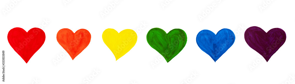 Rainbow color hand drawn hearts doodle set white background isolated ...