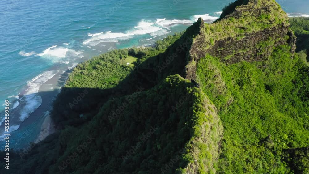 Haena State park. Aerial footage over the beautiful coastal mountain ...