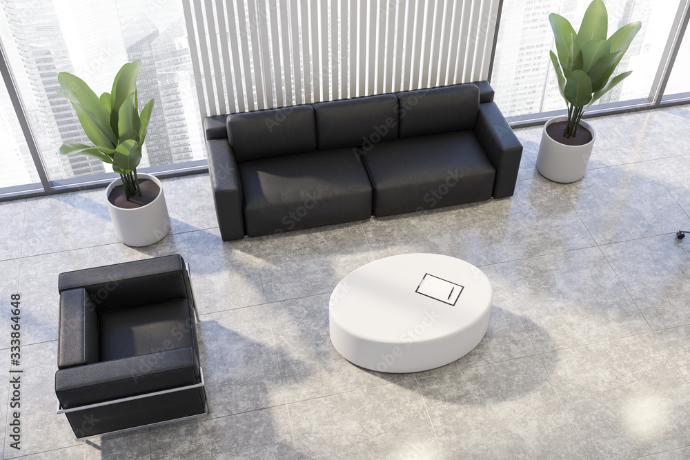 White office waiting room with black sofa top view Stock Photo | Adobe ...
