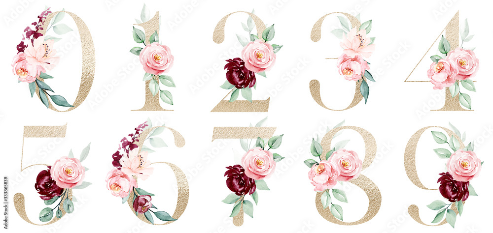Gold numbers set with watercolor flowers roses and leaf. Perfectly for ...
