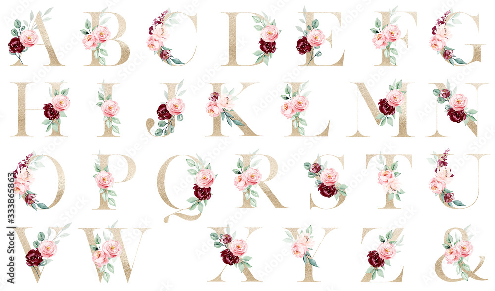 Floral alphabet, gold letters set with watercolor flowers and leaf ...