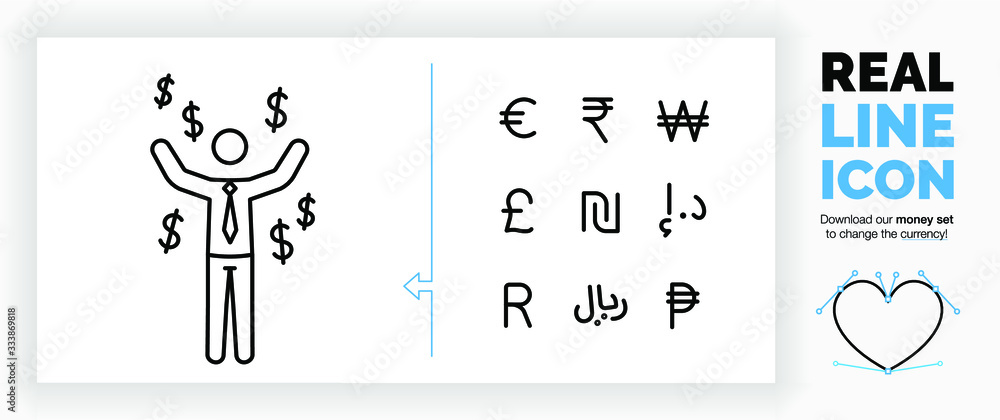 Editable real line icon of a happy stick figure business man being very ...