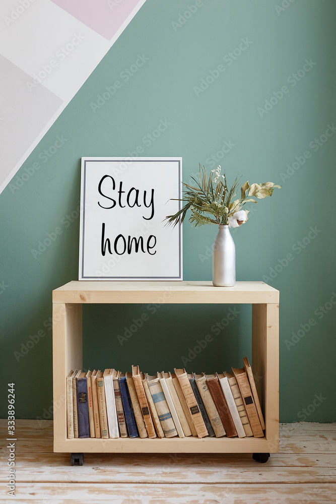 Green plant with white flower on bookcase with old books and frame with ...
