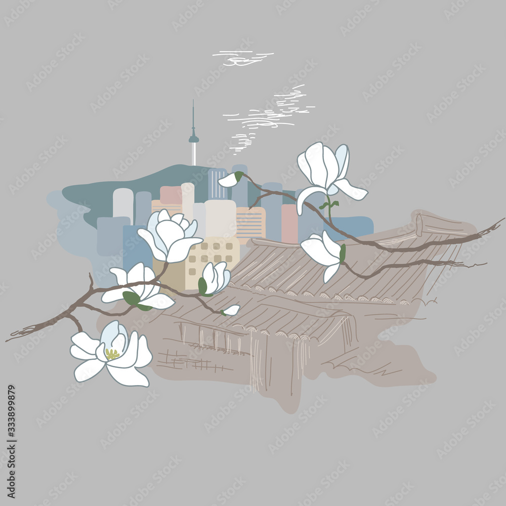 Seoul cityscape. Spring in South Korea. Magnolia blossom in asia ...