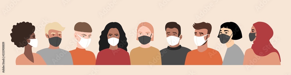 Coronavirus, covid-19. Multi-colored people in white and black face ...