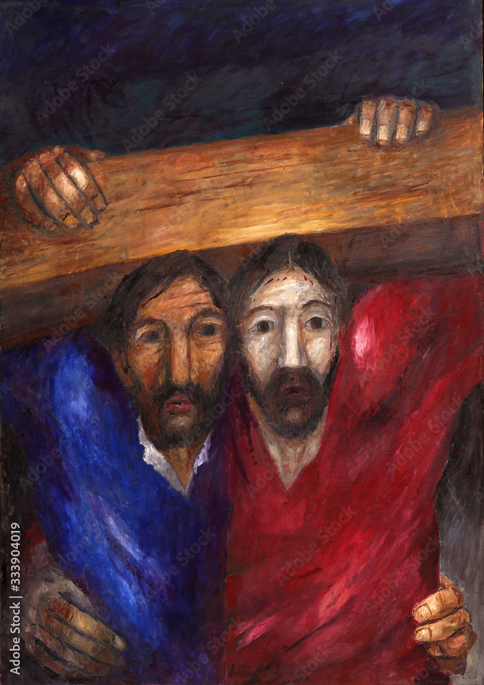 Simon of Cyrene carries the cross, 5th Stations of the Cross by Sieger Koder in St – Poszter ...