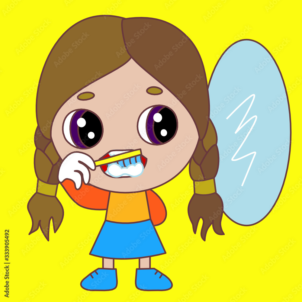 girl with open mouth that is brushing teeth using a toothbrush and a ...