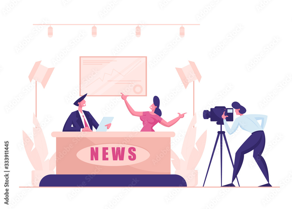 Live News in Broadcasting Production Studio. Mass Media Television with ...