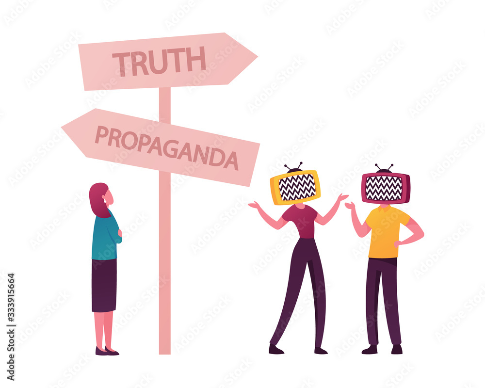 Female Characters with Tv Screen Heads Stand on Roadsign with Truth and ...