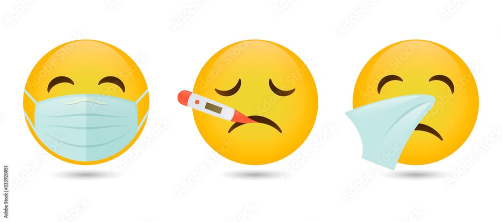 Set of vector emoticons with medical mask, thermometer and handkerchief ...
