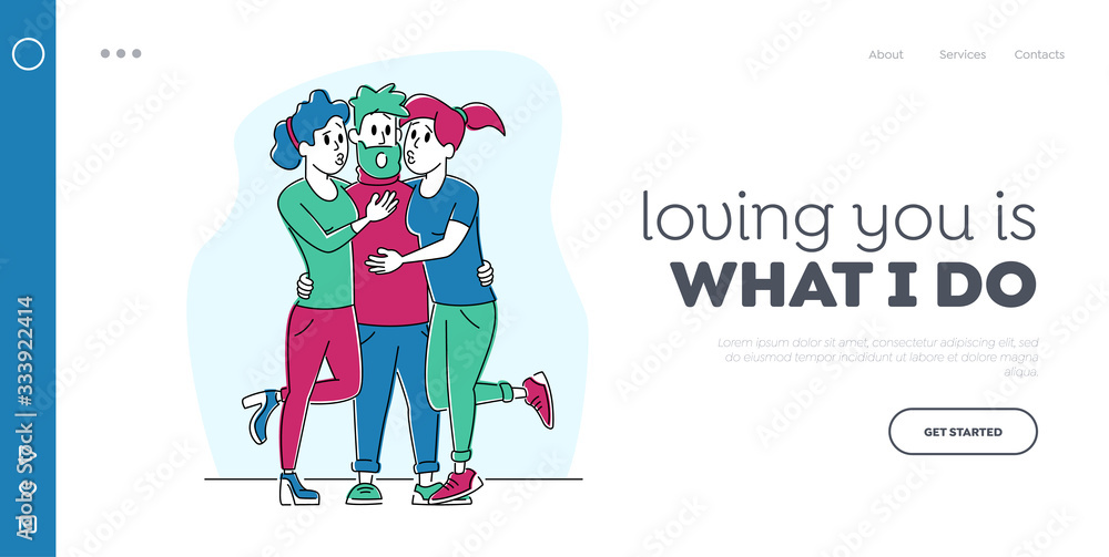 Love Triangle Landing Page Template. Couple of Girls Hugging and Kiss ...