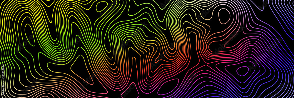 Relief contour lines, geographical map, colored curved lines on black ...