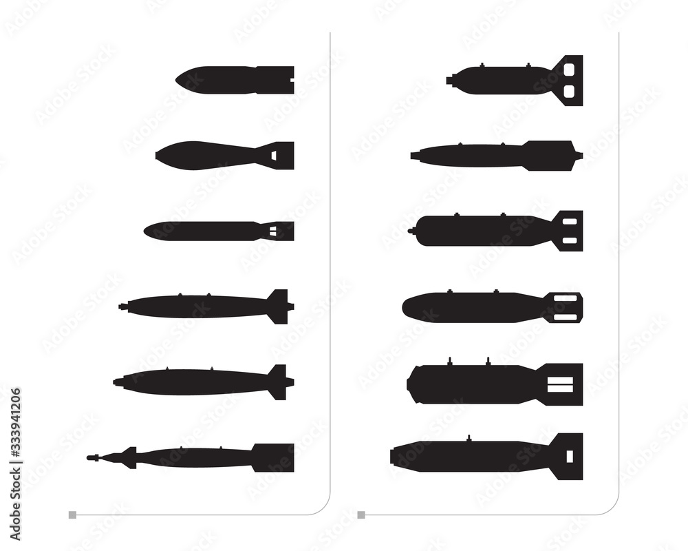 The set of black silhouettes of aerial bombs is isolated on a white ...