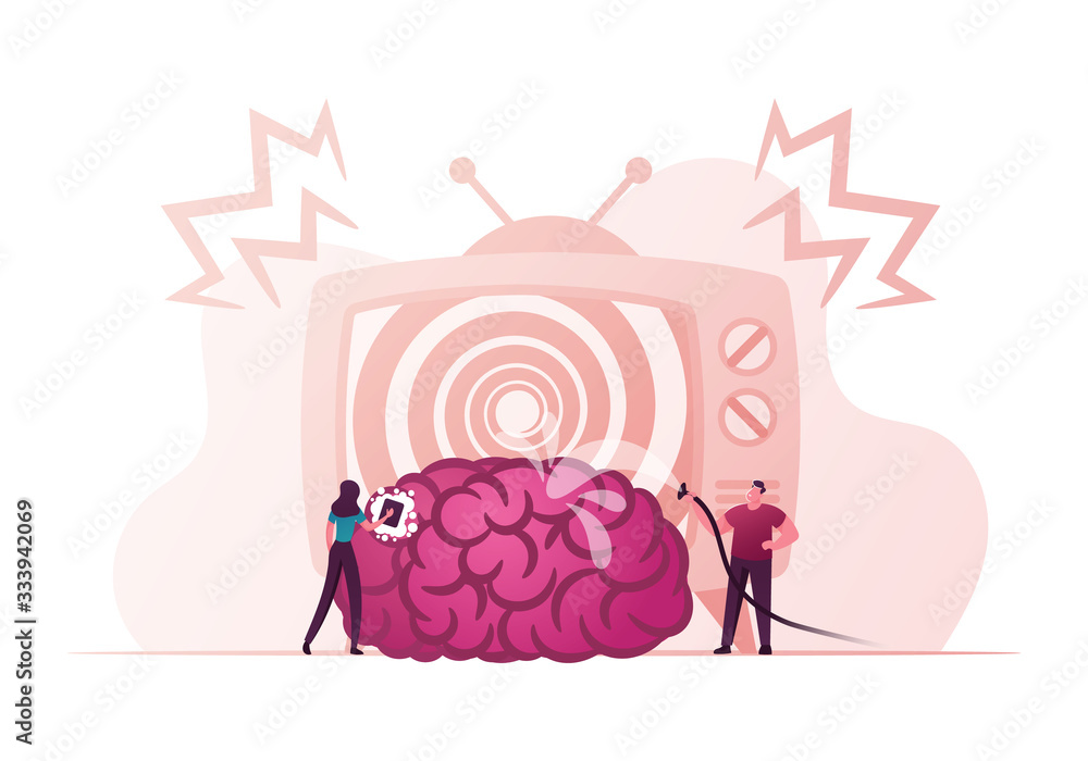 Vetor de People Characters with Hose and Brush Washing Huge Human Brain ...