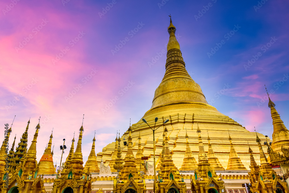 Shwedagon Pagoda attraction in Yagon City with blue sky background, Shwedagon Pagoda ancient ...