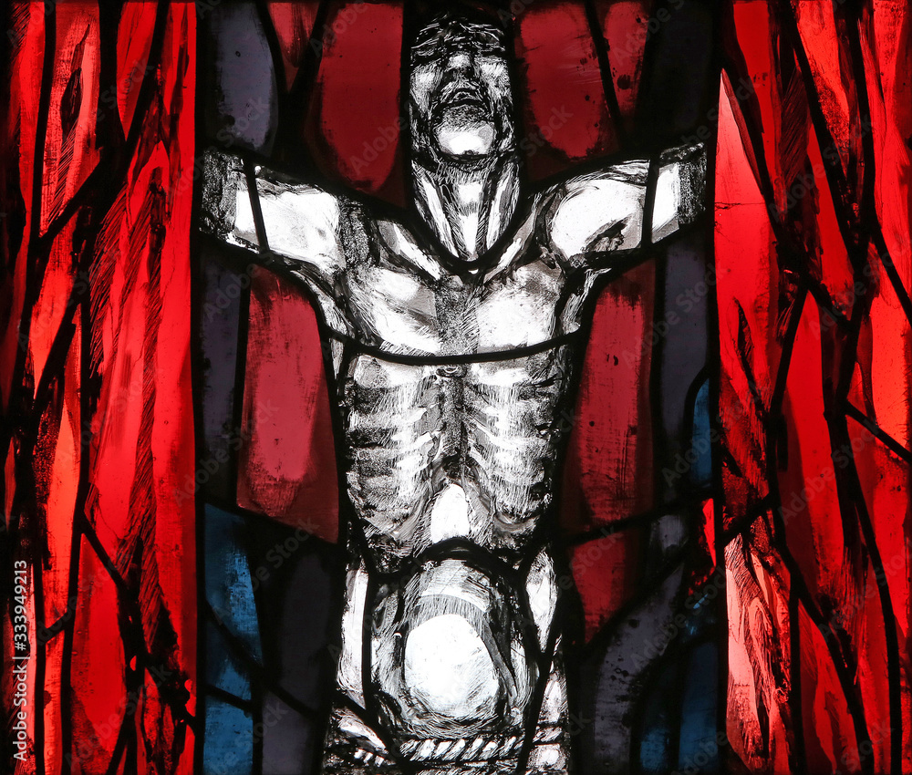 Dark sun of Good Friday, detail of stained glass window by Sieger Koder ...