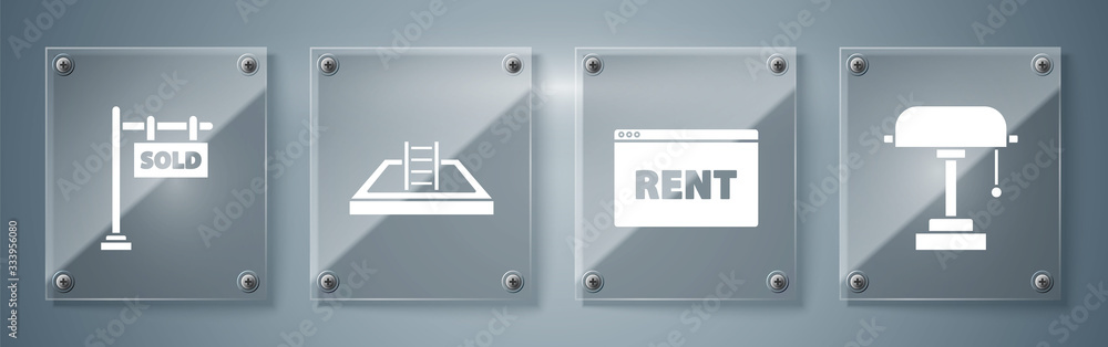 Set Table lamp, Hanging sign with text Online Rent, Swimming pool with ...