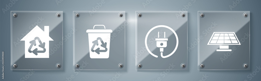 Set Solar energy panel, Electric plug, Recycle bin with recycle symbol ...