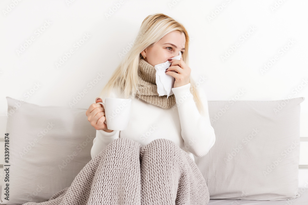 Young ill female have a cough and sore throat in winter. Causes of ...