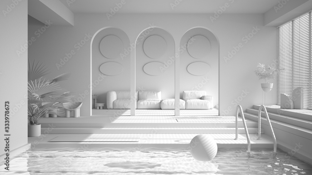 Total white project of contemporary living room with pool, sofa, carpet ...
