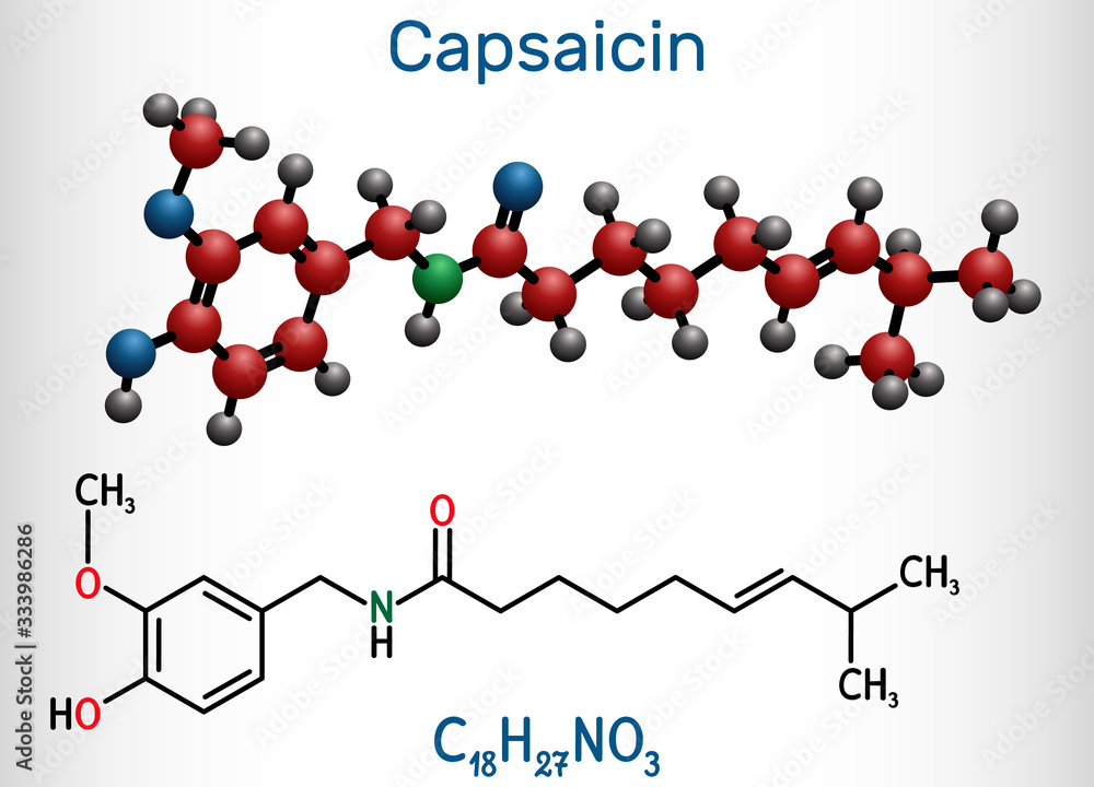 Capsaicin, alkaloid, C18H27NO3 molecule. It is chili pepper extract ...