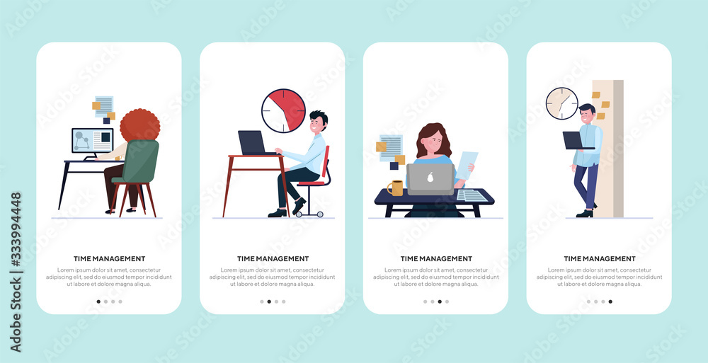 Time management in office set. Employees working near clock, using ...