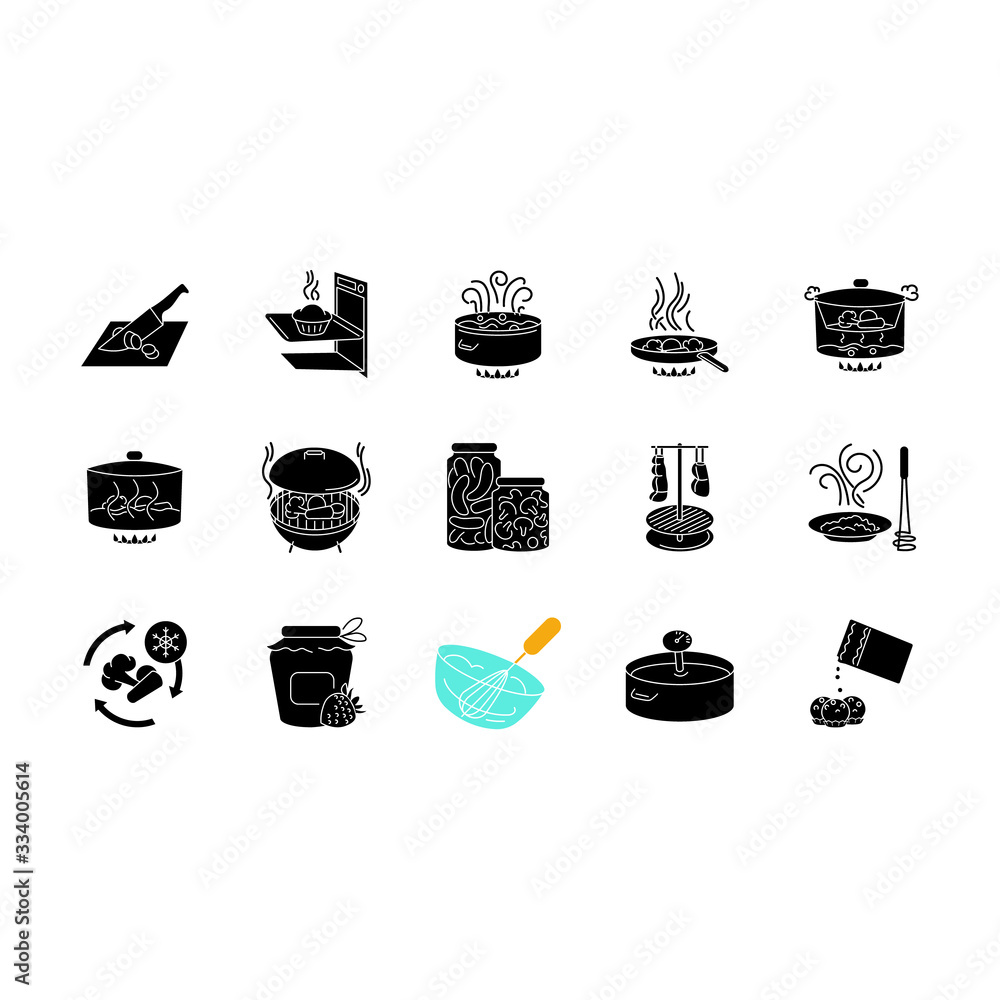 Cooking process black glyph icons set on white space. Different food ...