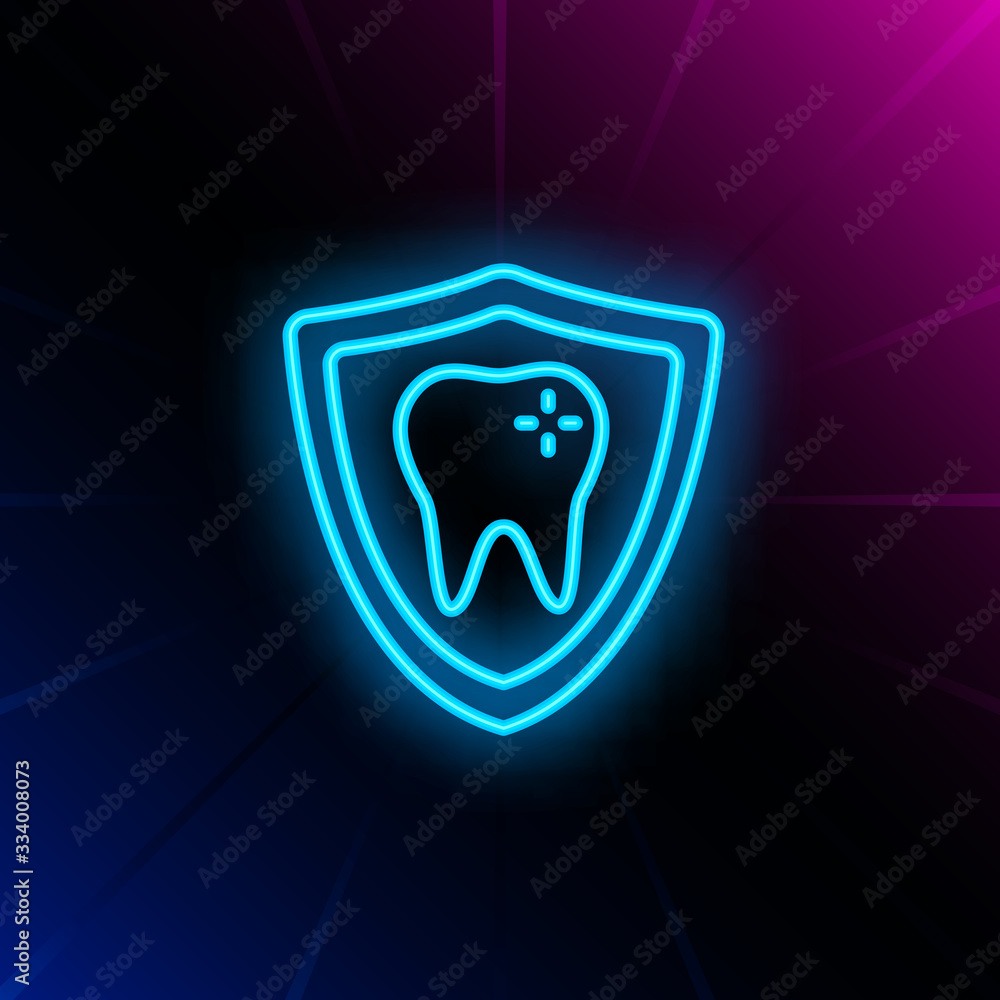 Tooth with protection shield neon sign. Stomatology and dental clinic ...
