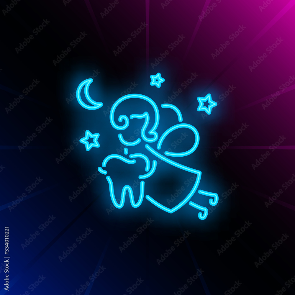 Tooth fairy neon sign. Luminous signboard with fantasy figure holding ...