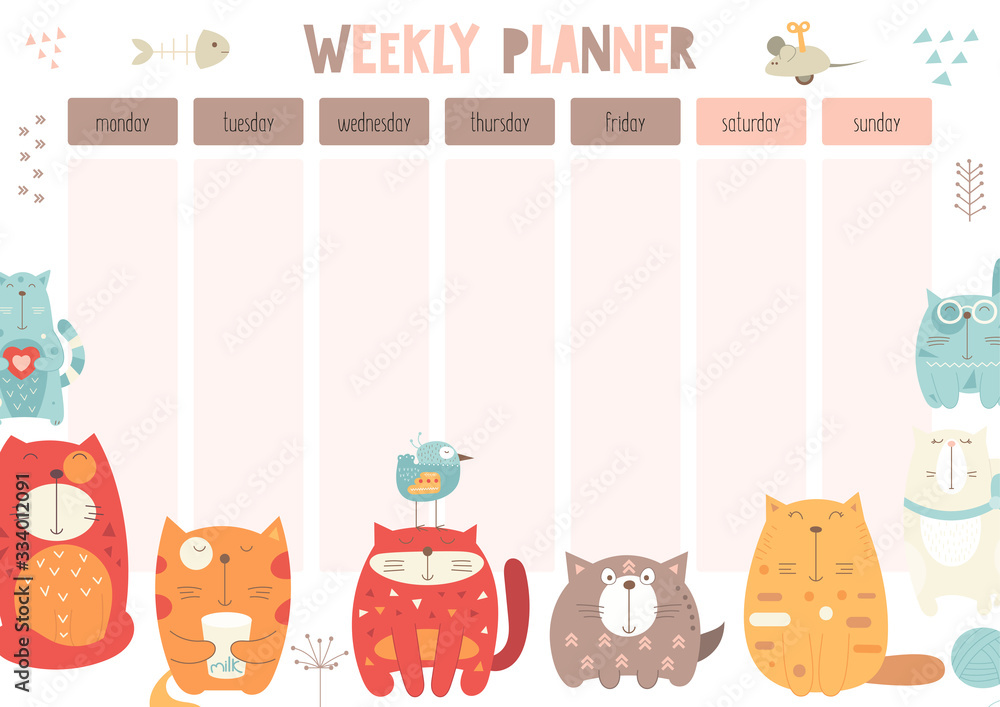 Weekly planner with cute cats in doodle cartoon style. Kids schedule ...