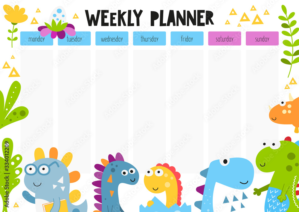 Weekly planner with funny dinosaurs and dinos baby in doodle cartoon ...