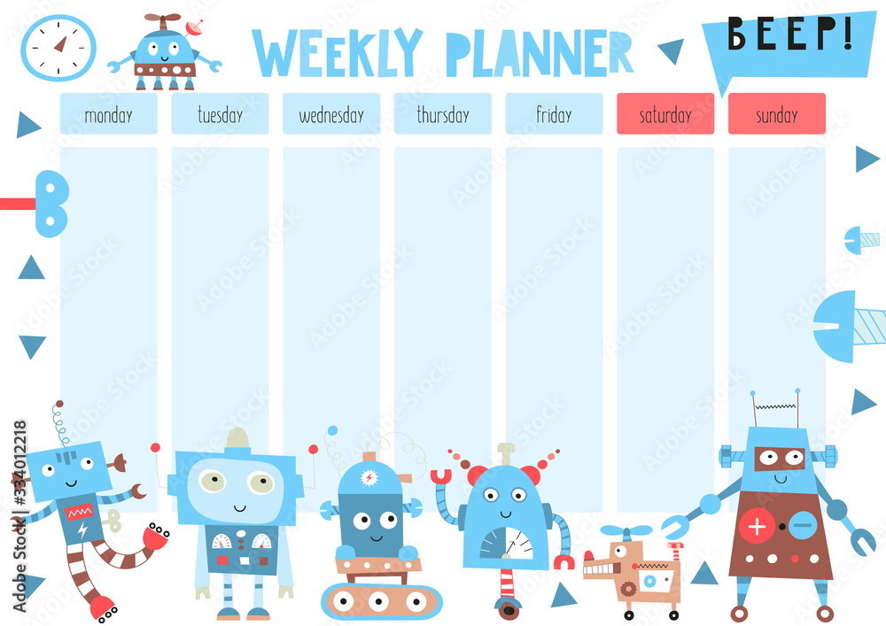 Weekly planner with funny robots and transformers in doodle cartoon ...