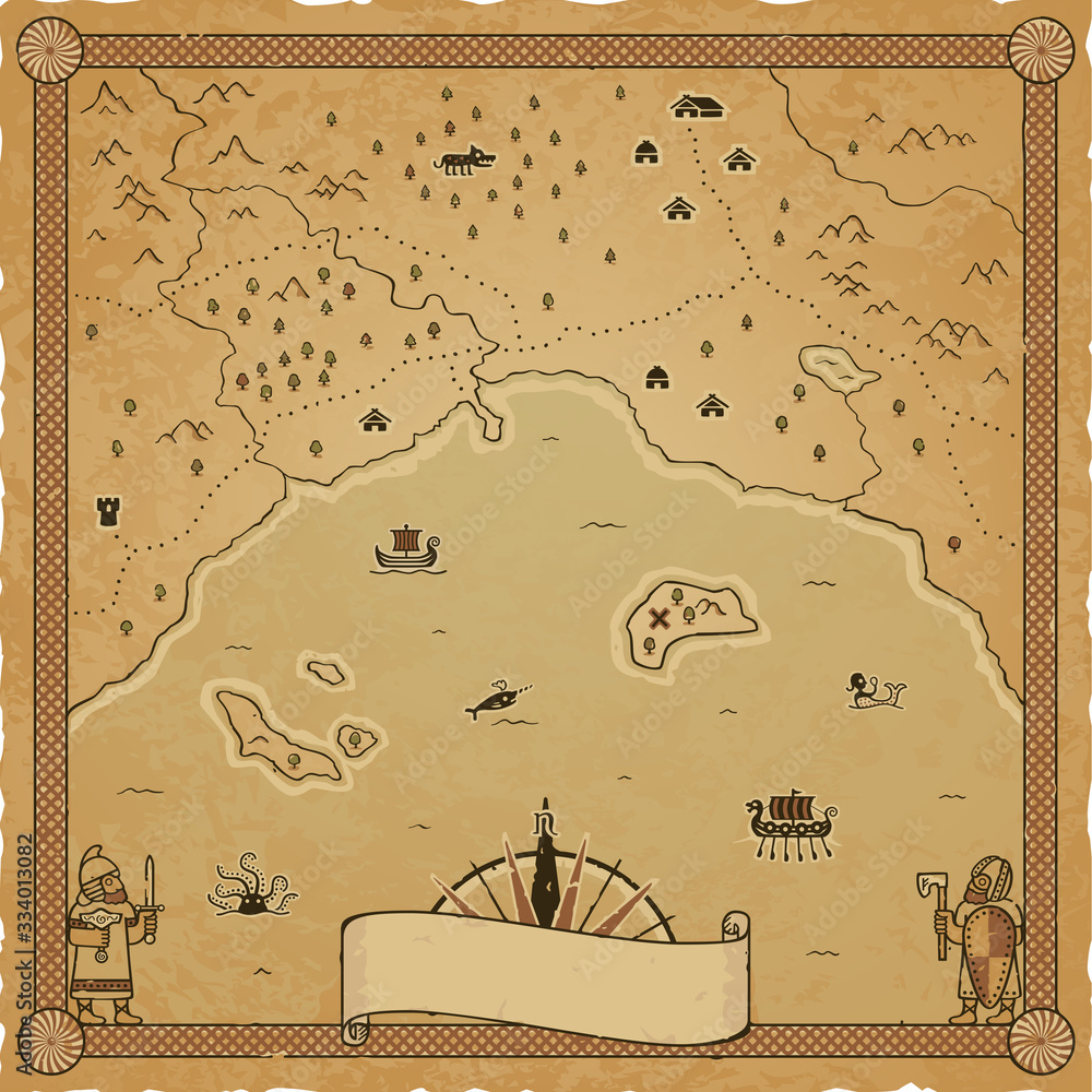 Vector Norse fantasy map on a worn parchment paper. Includes a frame ...