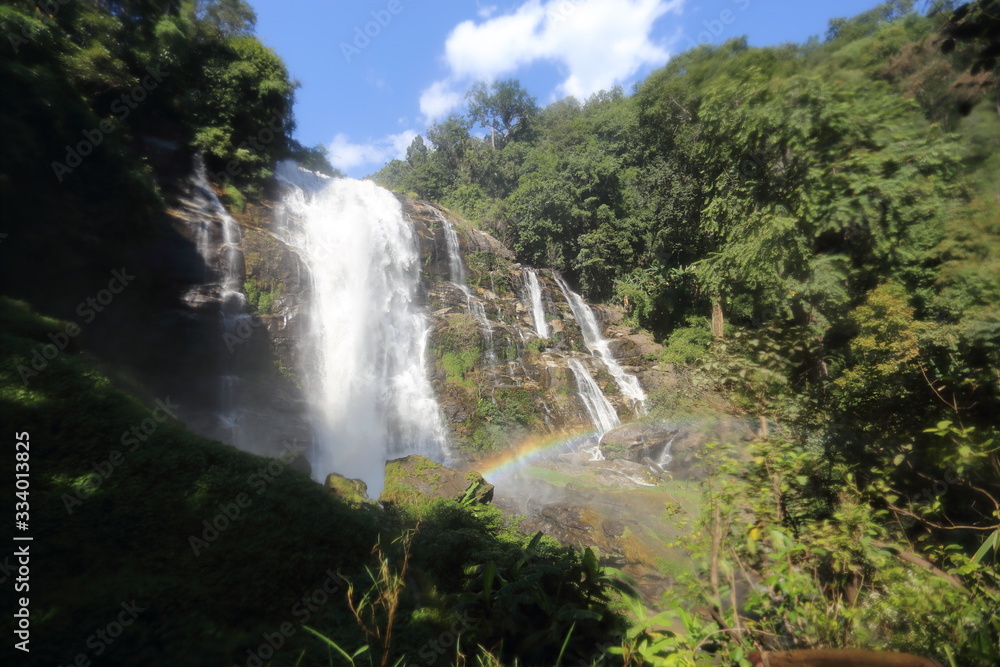 Wachirathan waterfall and rainbow at Doi Inthanon national park, Chiang ...