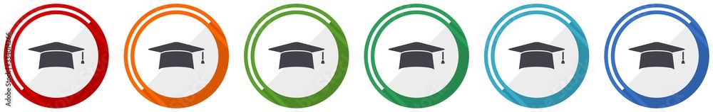 Graduation icon set, cap, education flat design vector illustration in ...