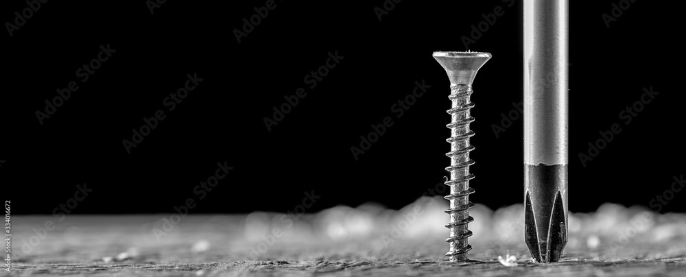 The screw and screwdriver close up on black background. Joinery and ...