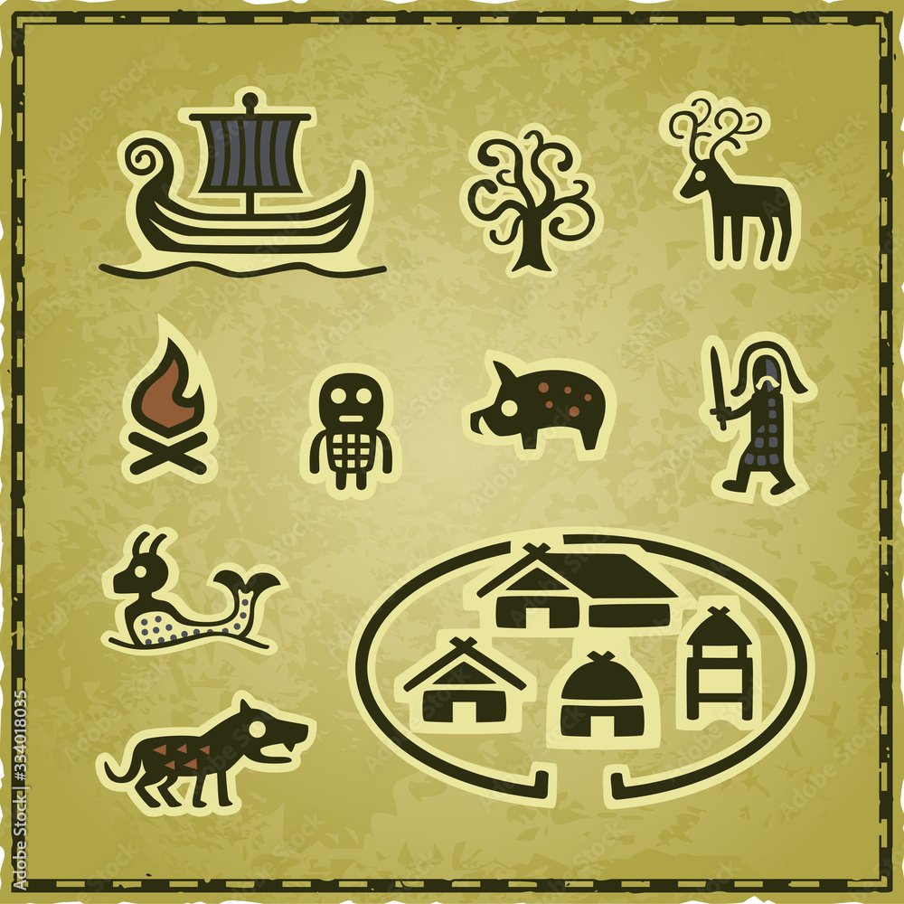 Vector set of medieval or antique Celtic icons on a green parchment ...