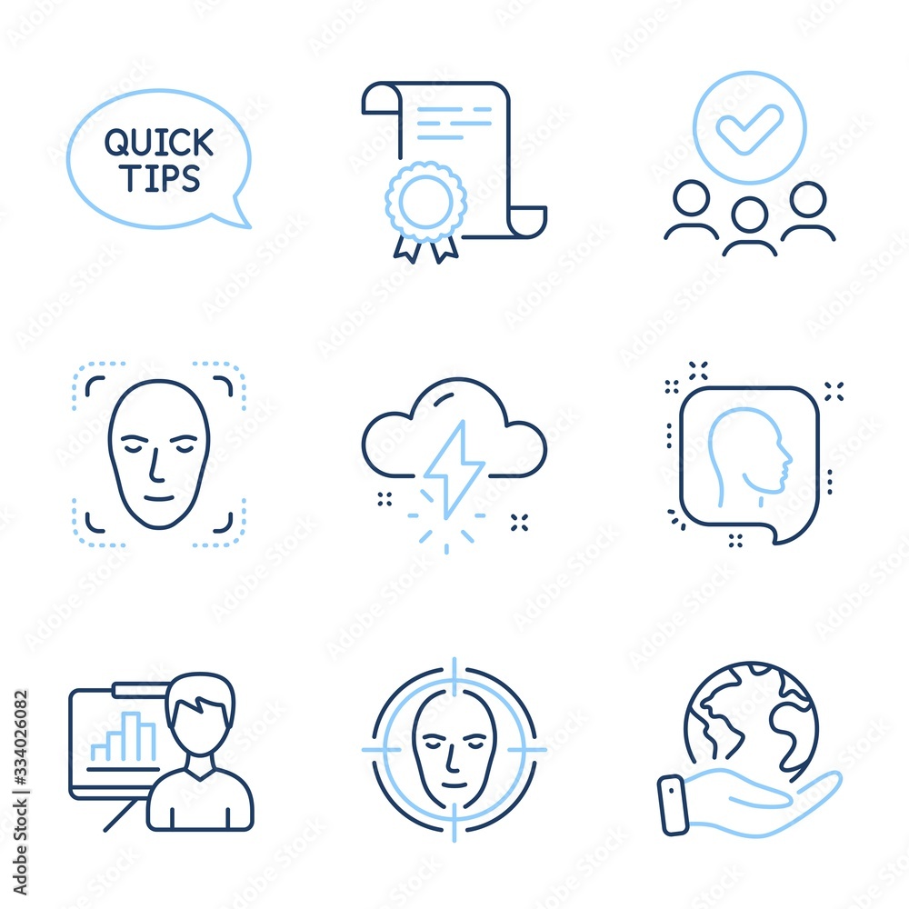 Face detection, Presentation board and Thunderstorm weather line icons ...