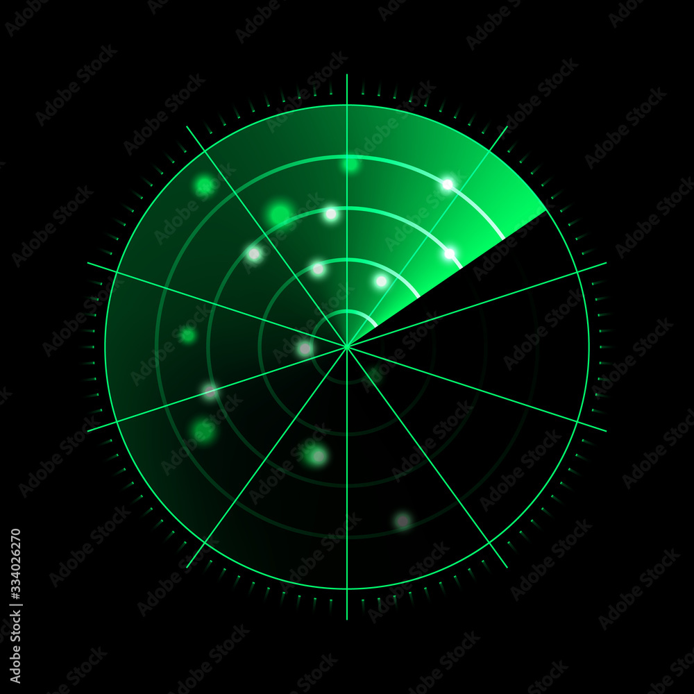 Green radar isolated on dark background. Military search system. HUD ...