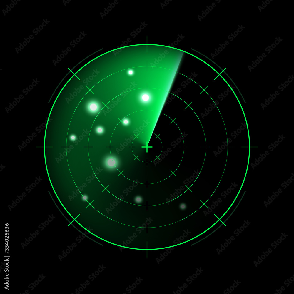 Green radar isolated on dark background. Military search system. HUD ...