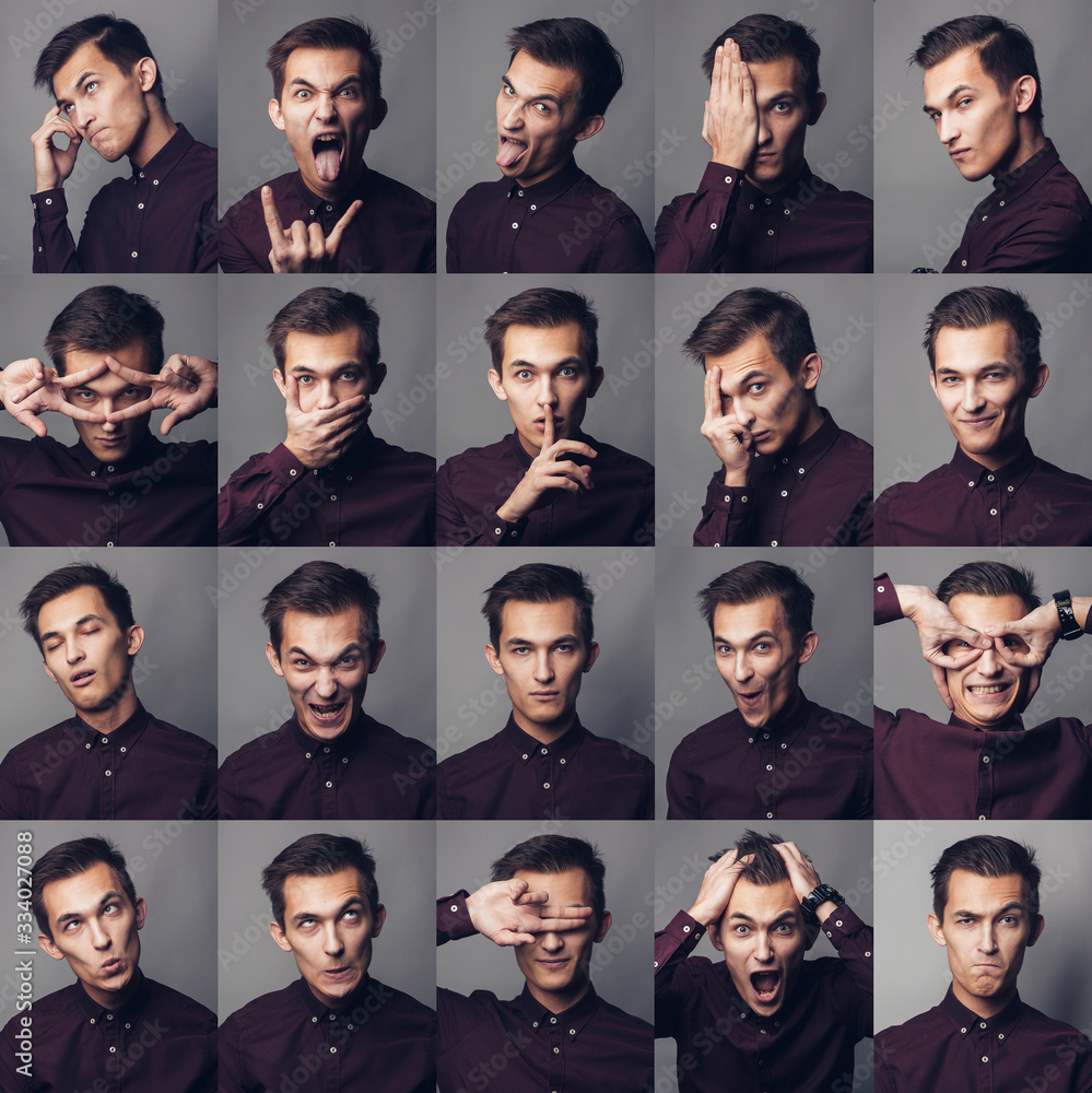 Set of young man's portraits with different emotions and gestures Stock ...