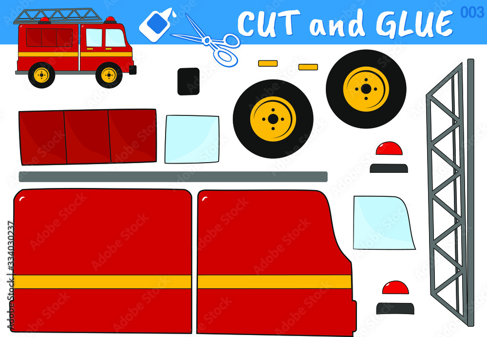 Education paper game for preschool children. Cartoon Fire engine. Use ...