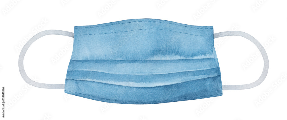 Watercolor drawing of dark blue medical surgical mask with white rubber ...