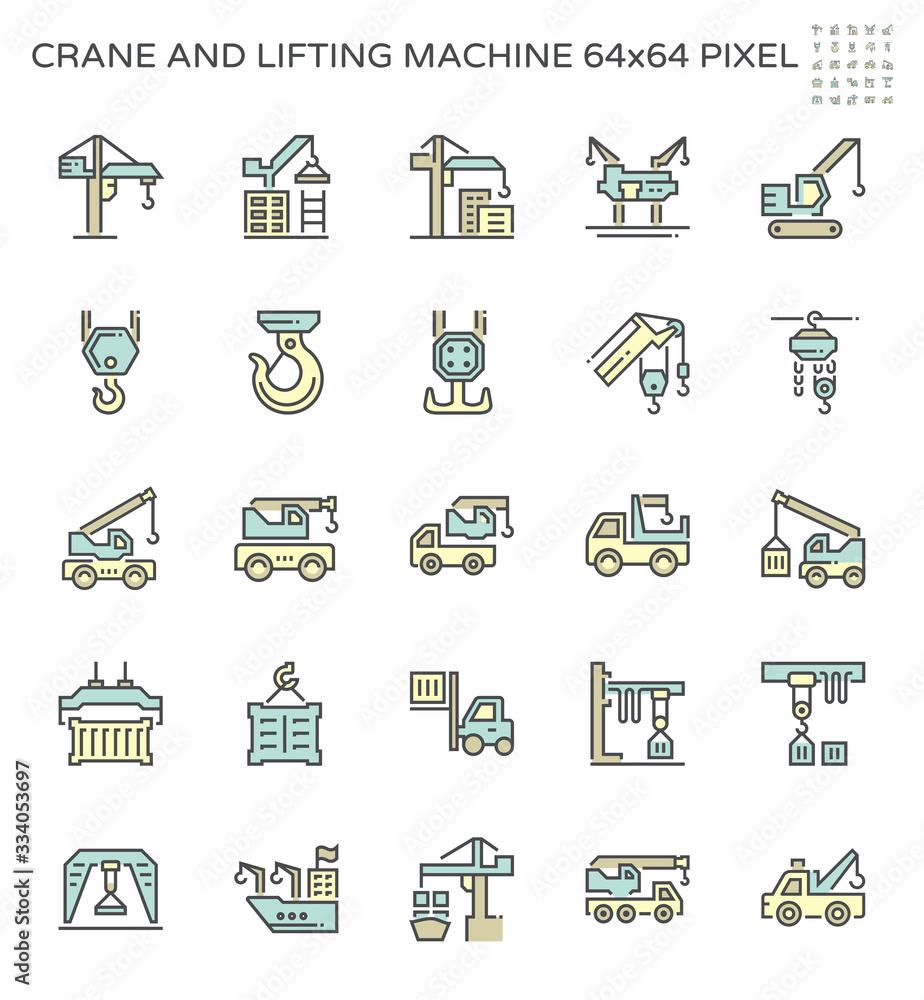 Crane icon or lifting equipment i.e. tower, crawler, wich, mobile ...