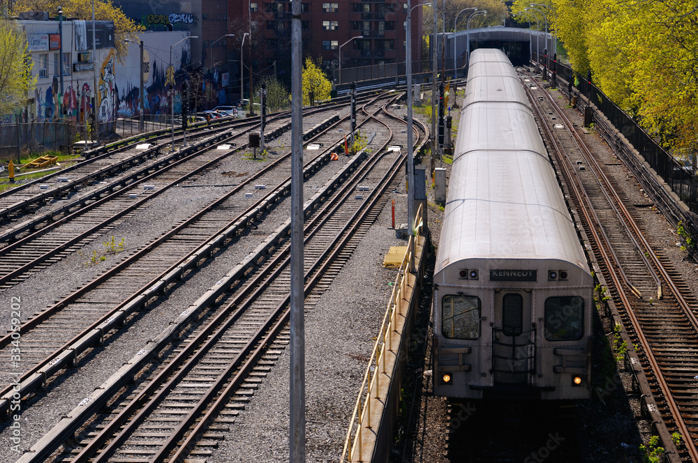 TTC subway train exiting Keele station on the Toronto Bloor line with ... TTC subway train exiting Keele station on the Toronto Bloor line with ...