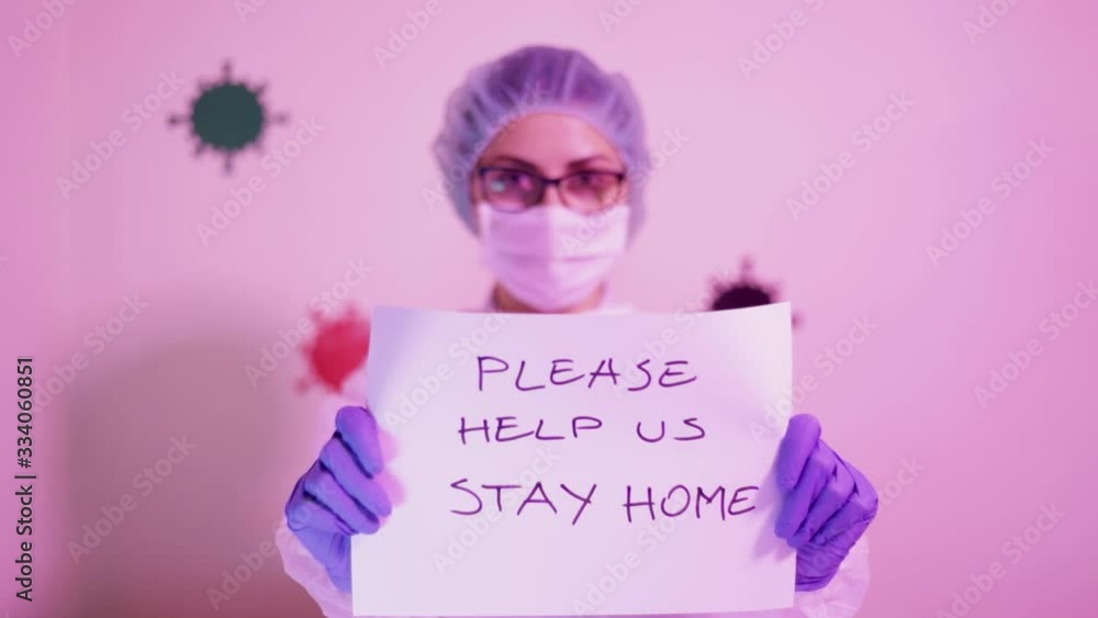 Young woman wearing nurse costume and mask holding message "Please help ...