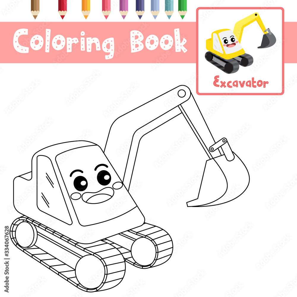 Coloring page Excavator cartoon character perspective view vector ...