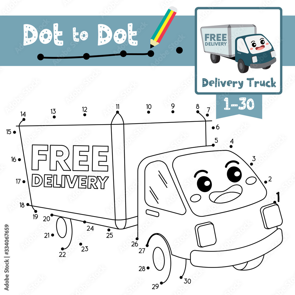 Dot to dot educational game and Coloring book of Delivery Truck cartoon ...