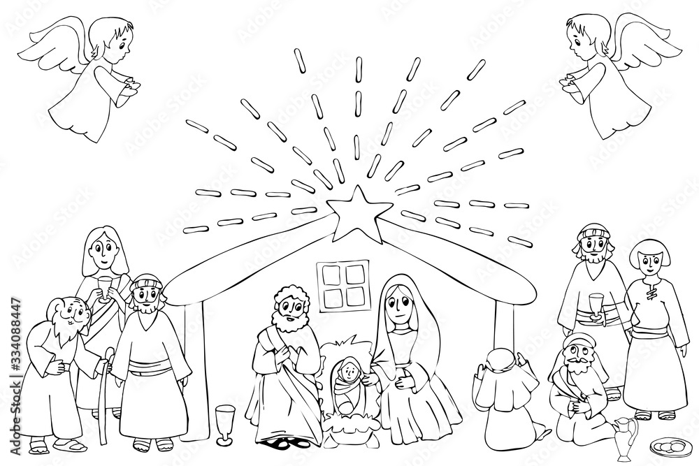 Hand drawn coloring pages for kids and adult. A Christmas nativity ...
